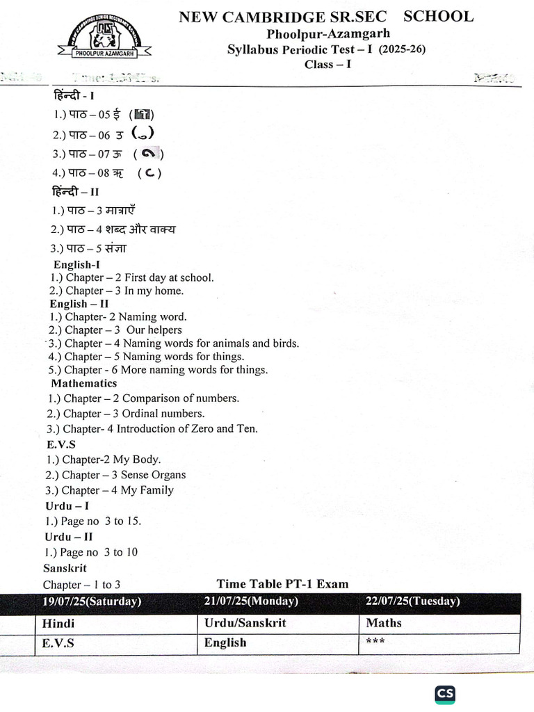 Class 1 Syllabus | PDF