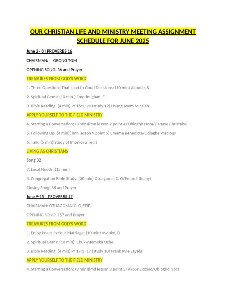 June Christian Meeting Schedule | PDF | Prayer | Abrahamic Religions