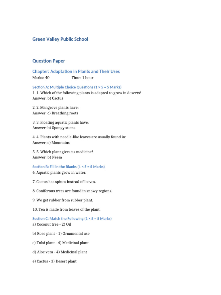 Class 4 Plant Adaptation Question Paper | PDF