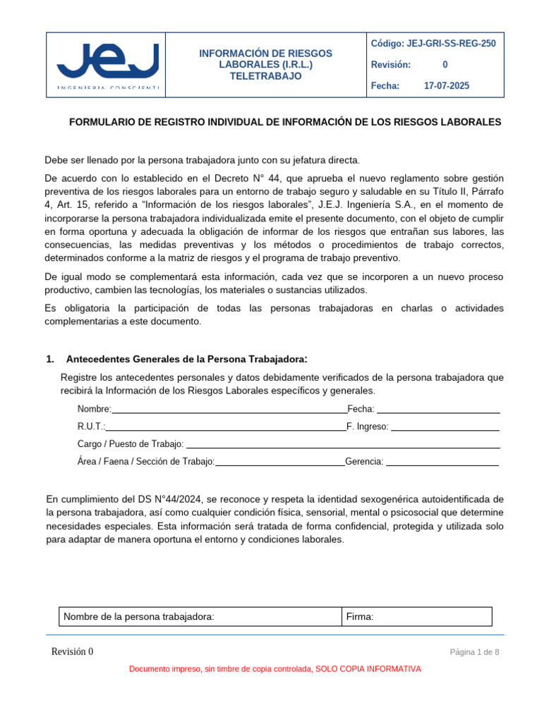 JEJ-GRI-SS-REG-250 - IRL Teletrabajo - Rev - 0 | PDF