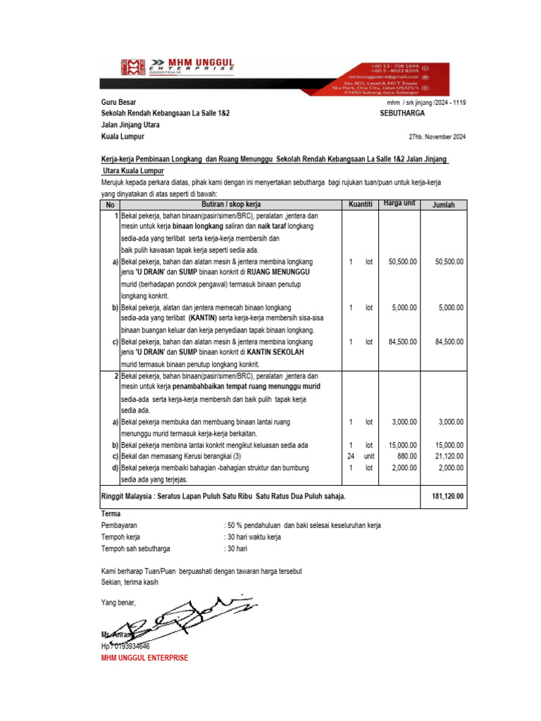 Sebutharga SK Jinjang Longkang 241127 MHM | PDF