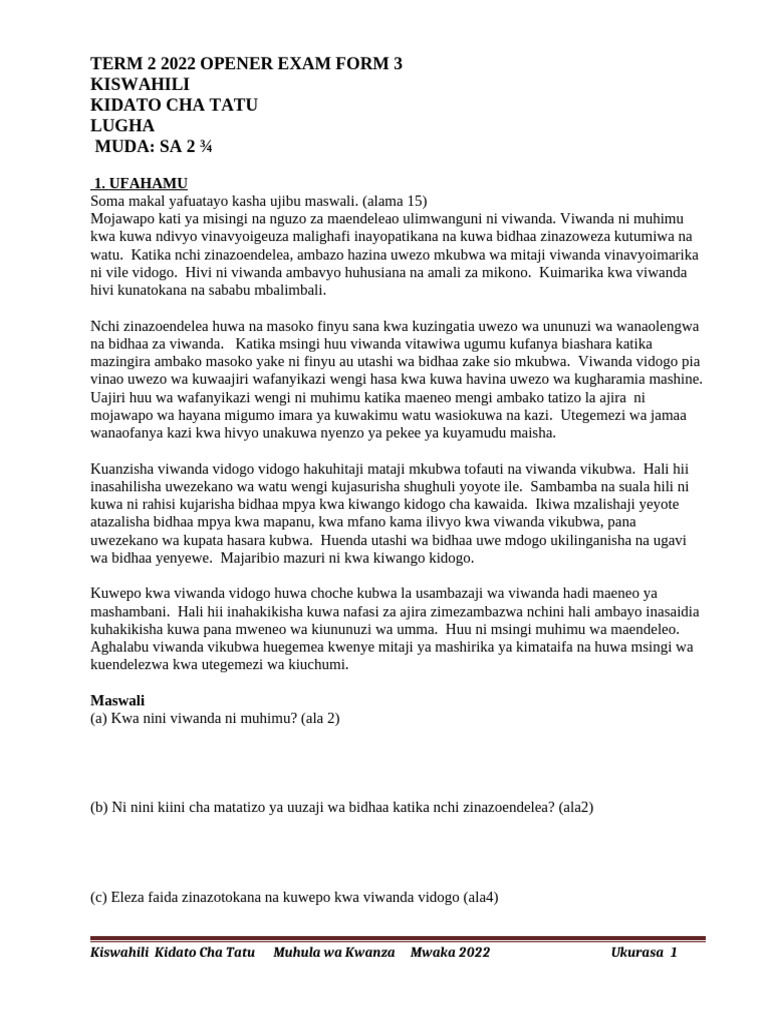 Kiswahili Q f3 Opener t2 Teacher Co Ke | PDF