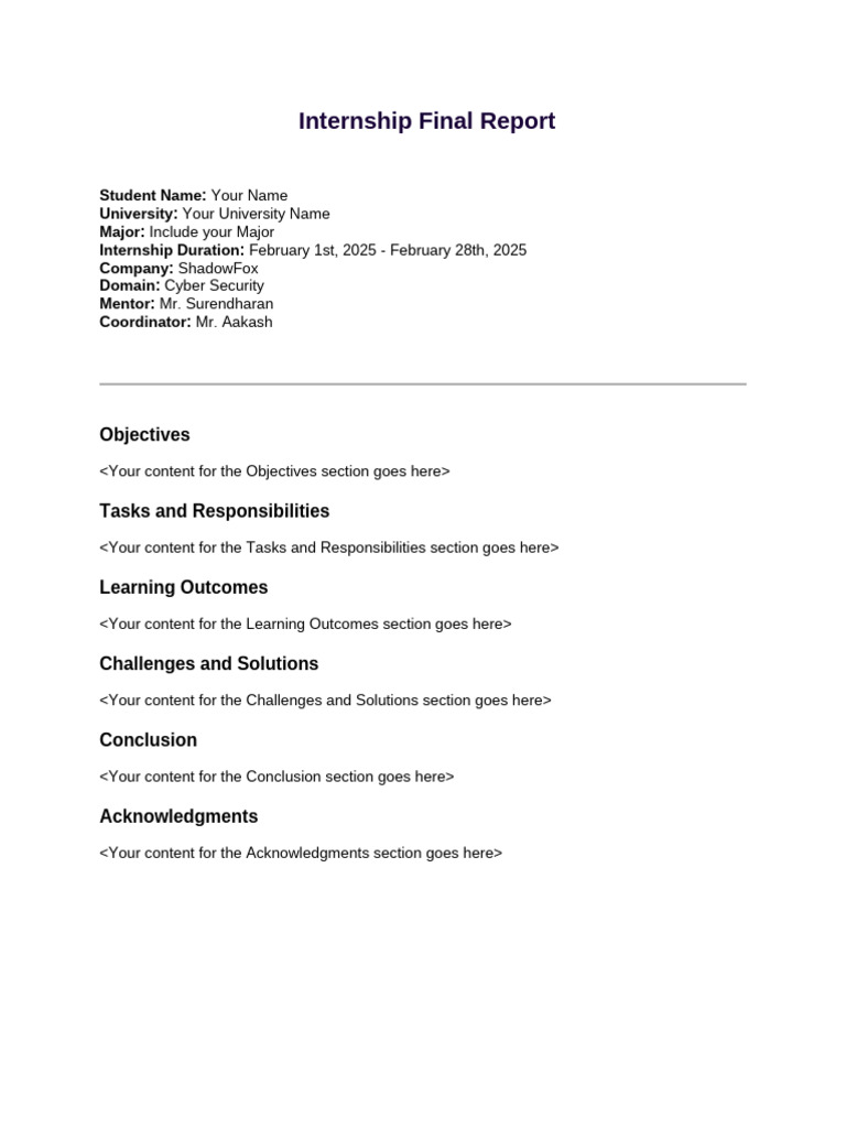 Internship Final Report Template - Cyber Security | PDF