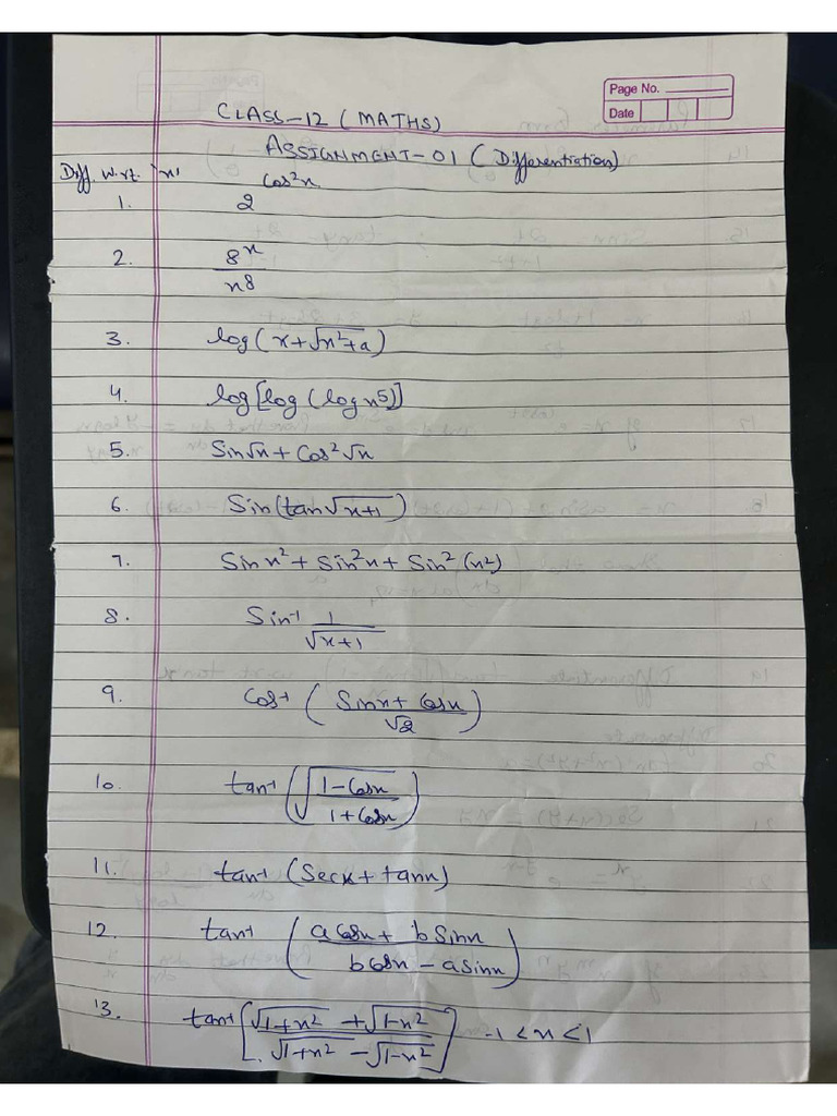 Class 12 Assignment - 01 (Differentiation) | PDF
