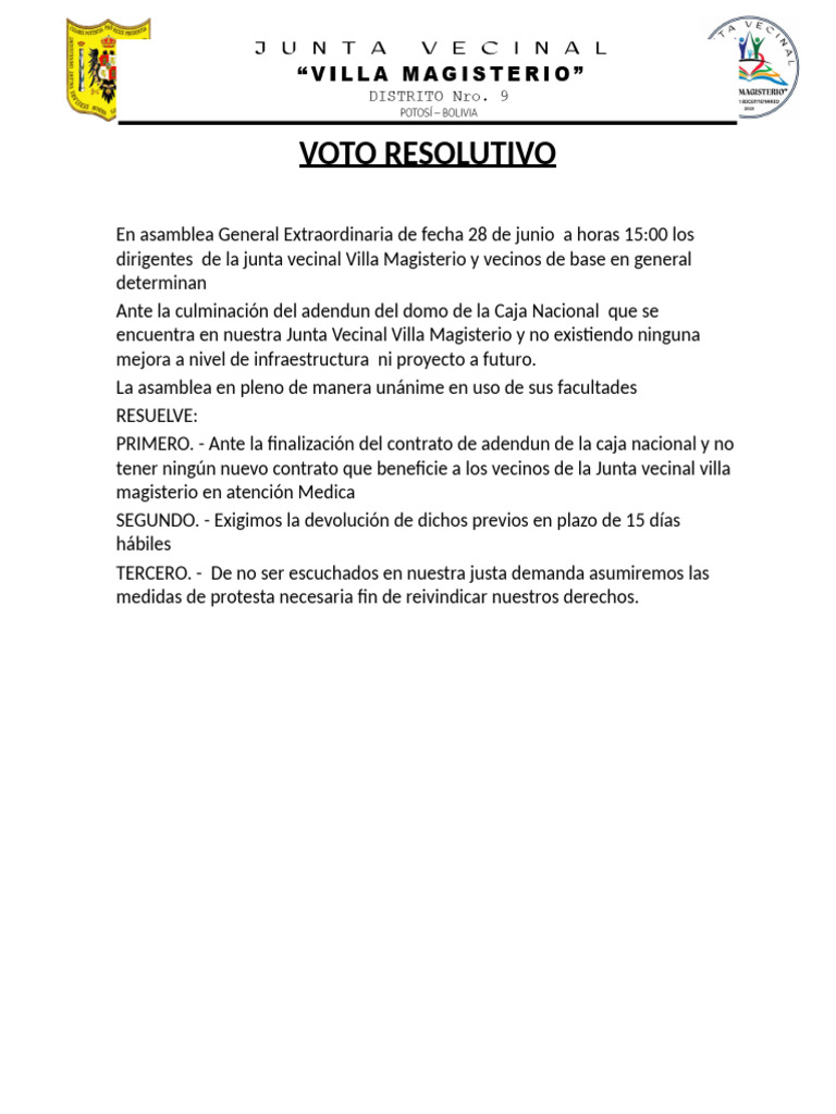 Voto Resolutivo Junta Vecinal Villa Magisterio | PDF