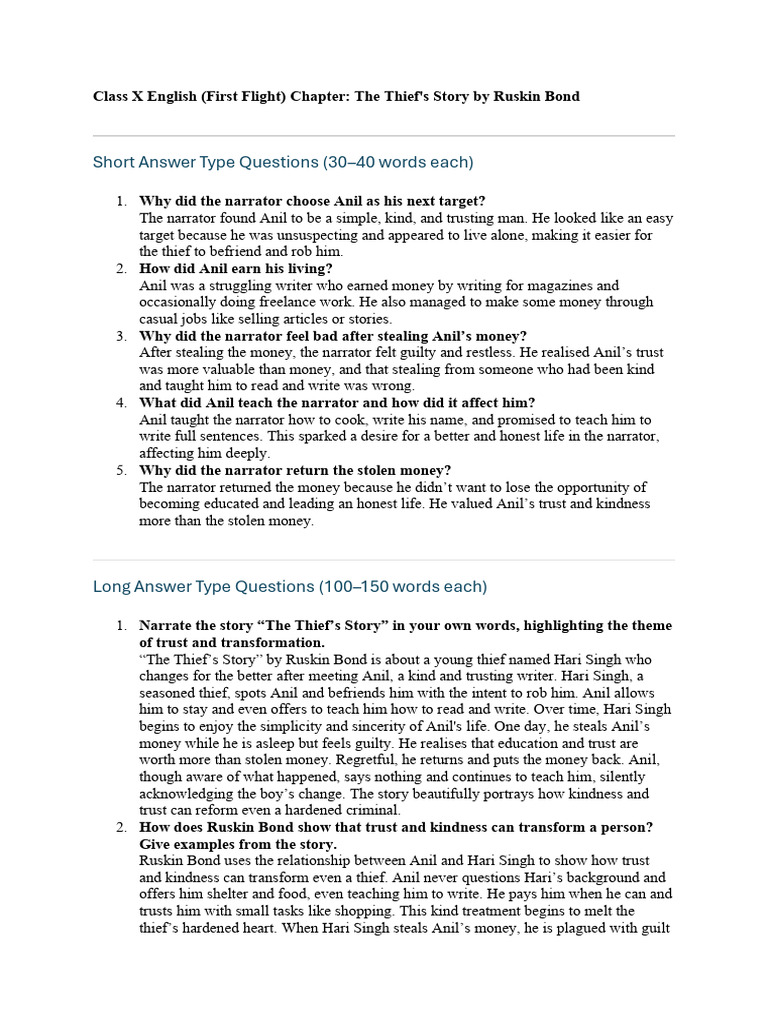 The Thief's Story Class-X | PDF | Theft