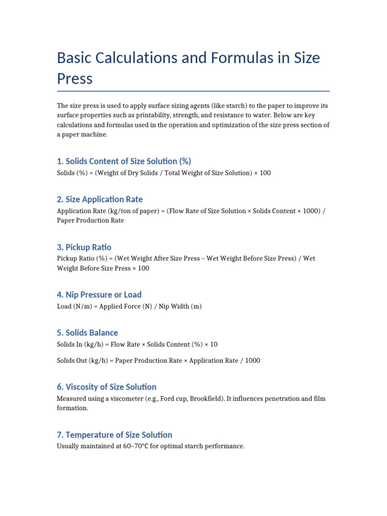 Size Press Calculations and Formulas | PDF