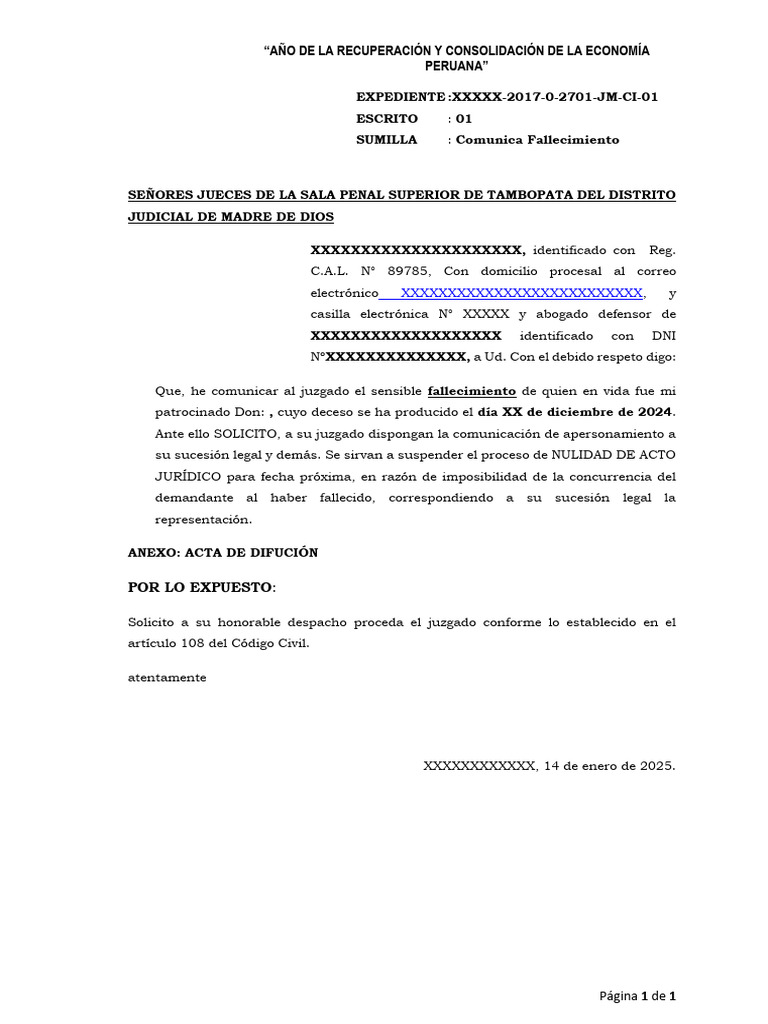 Comunicado de Fallecimiento en Proceso Judicial | PDF