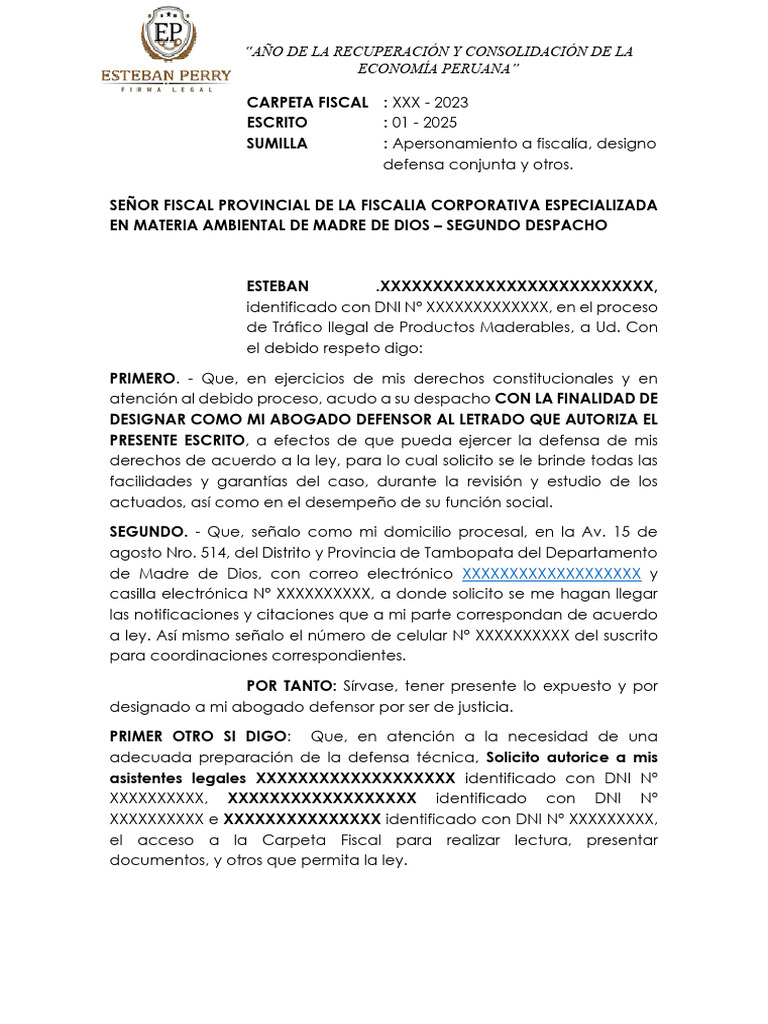 Apersonamiento Con Defensa Conjunta | PDF | Debido al proceso | Fiscal