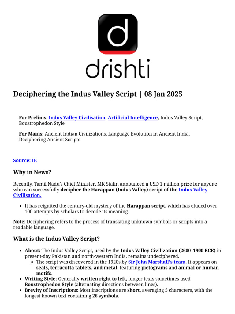 Daily Updates Daily News Analysis Deciphering The Indus Valley Script ...