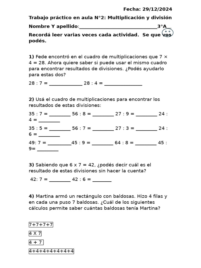 Actividades de Multiplicación y División 3°A | PDF