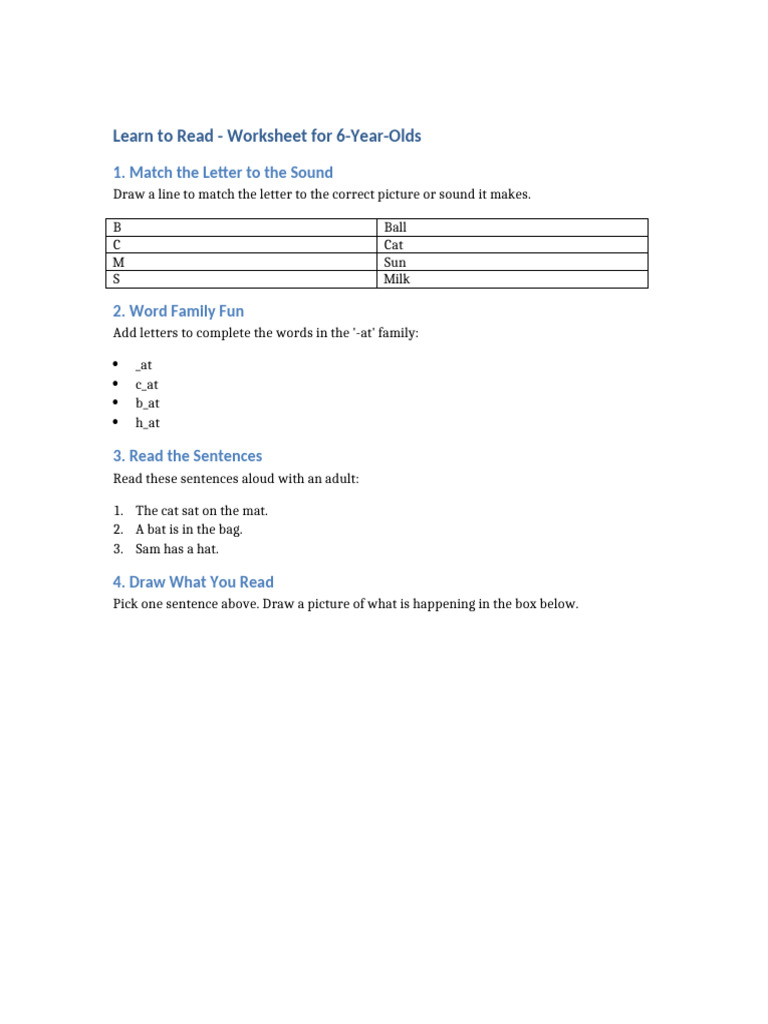 Learn To Read Worksheet Age6 | PDF