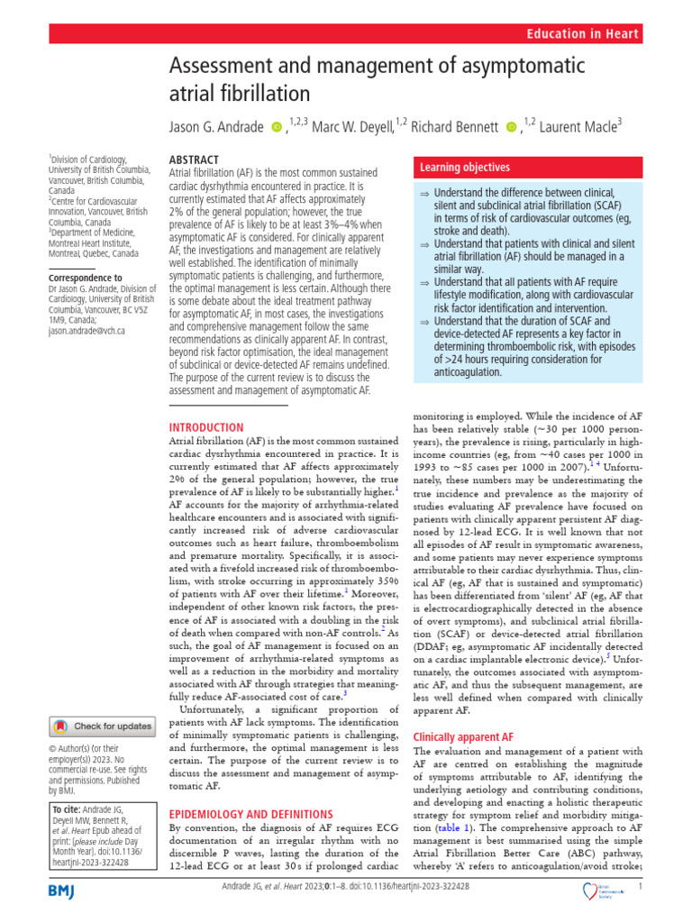Assessment and Management of Asymptomatic Atrial Fibrillation | PDF ...