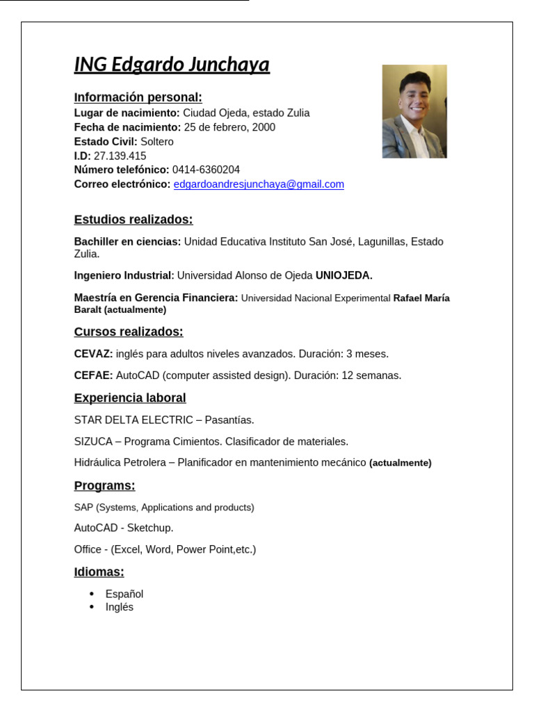 ING Edgardo Junchaya: Información Personal | PDF