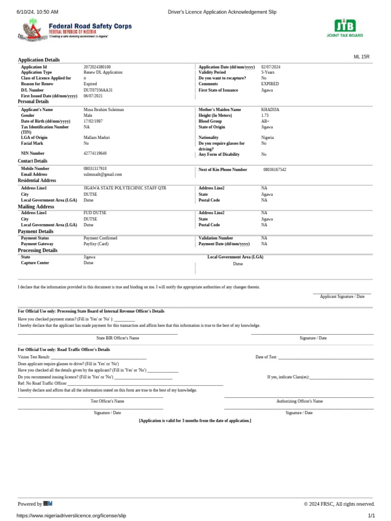 Driver's Licence Application Acknowledgement Slip | PDF