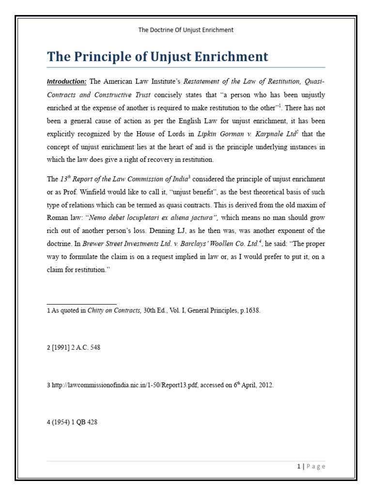 The Principle of Unjust Enrichment | PDF | Damages | Legal Remedy