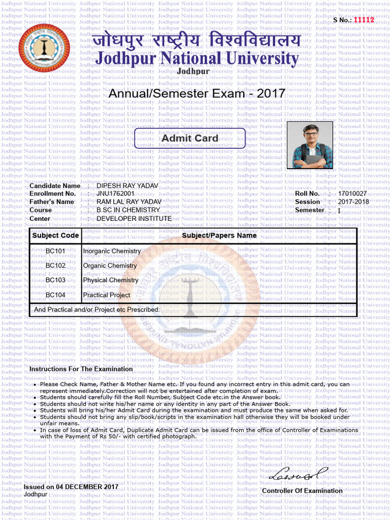 Admit Card Sample | PDF
