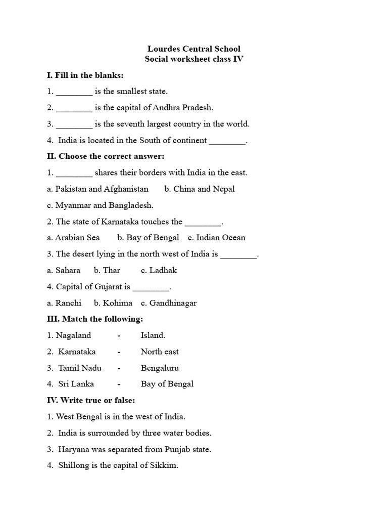 Soc Worksheet 1 - Class 4 | PDF