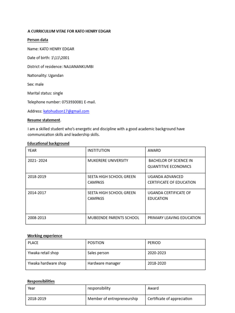 Kato Henry Edgar's CV and Skills | PDF
