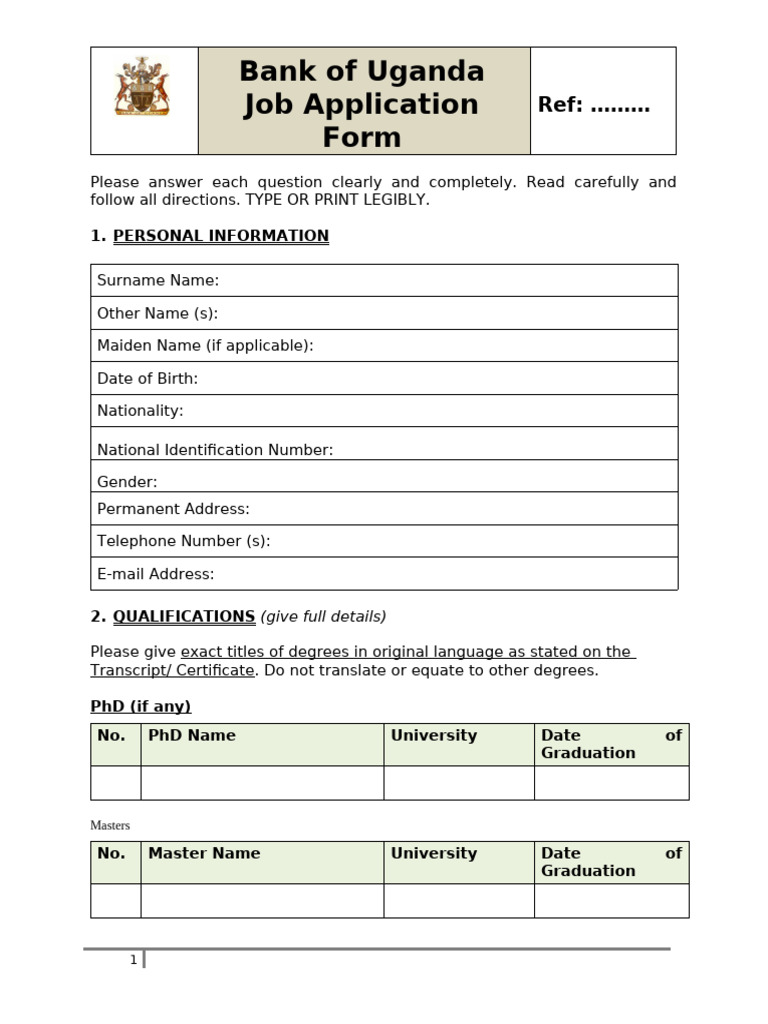 Bank of Uganda Job Application Form | PDF | Educational Stages