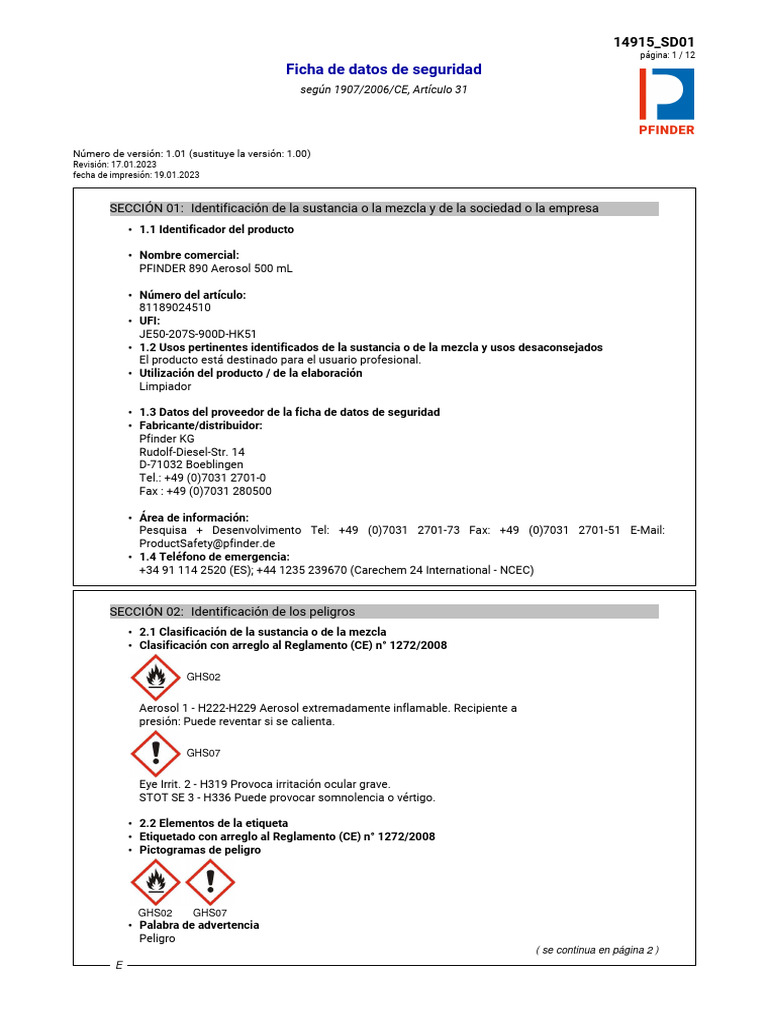 Ficha Seguridad 890 Pfinder | PDF | Residuos | Toxicidad