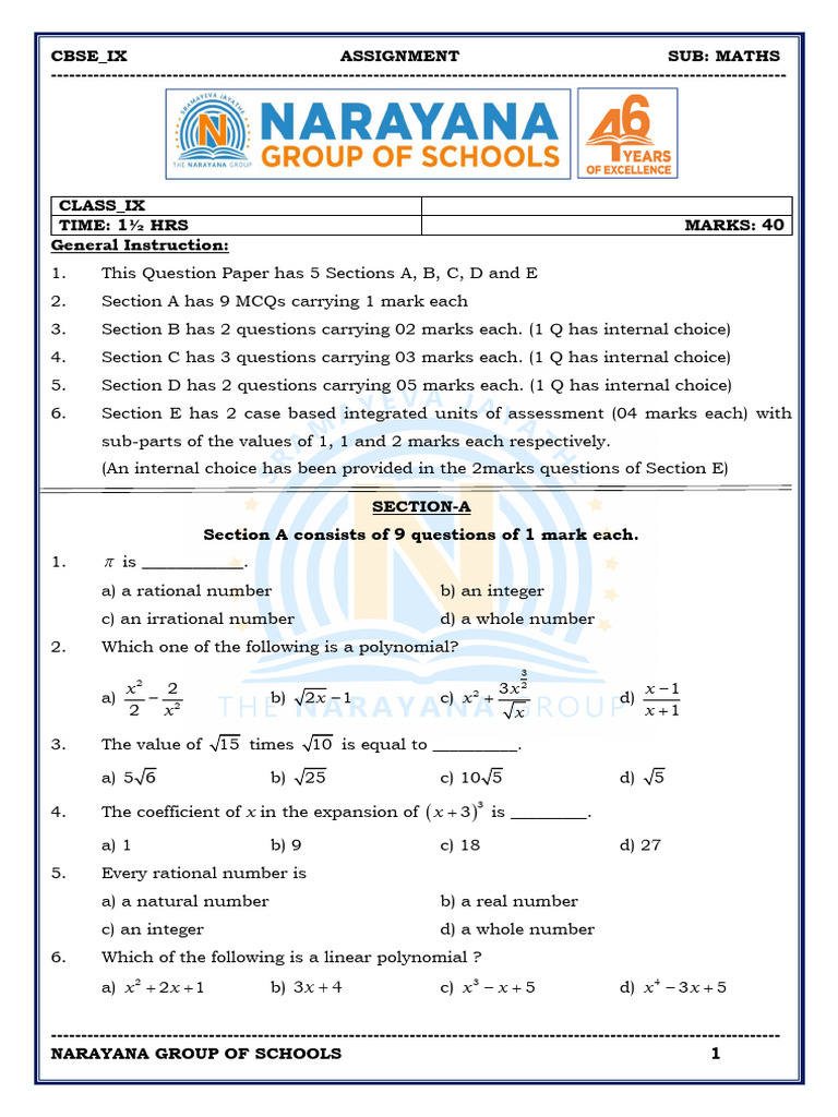 01 Cbse Ix Maths Assignment (PT-1) QP 20250719 154532 | PDF | Numbers ...