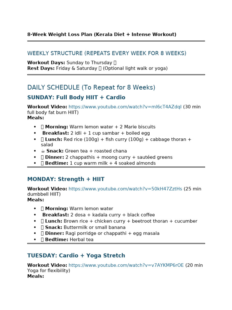 8-Week Kerala Weight Loss Plan | PDF | Meal | Lunch