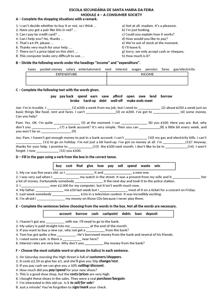 Consumer Society Vocabulary Worksheet | PDF | Banks | Debt