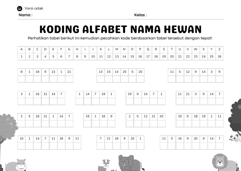 Koding Alfabet Nama Hewan Lembar Kerja Biru Kuning Ilustratif | PDF