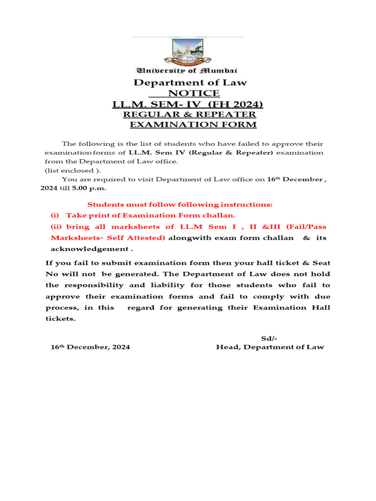 Notice Ll.m. Sem. IV Students Unapproved Form FH 2024 1 | PDF