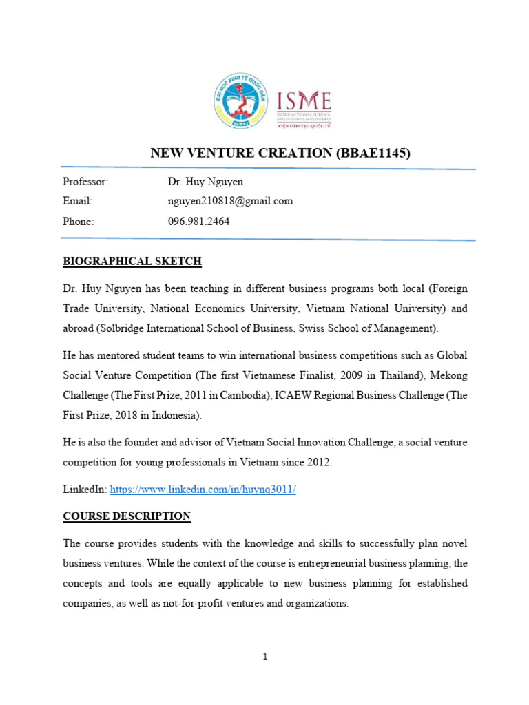 New Venture Creation Course Overview | PDF | Entrepreneurship | Vietnam