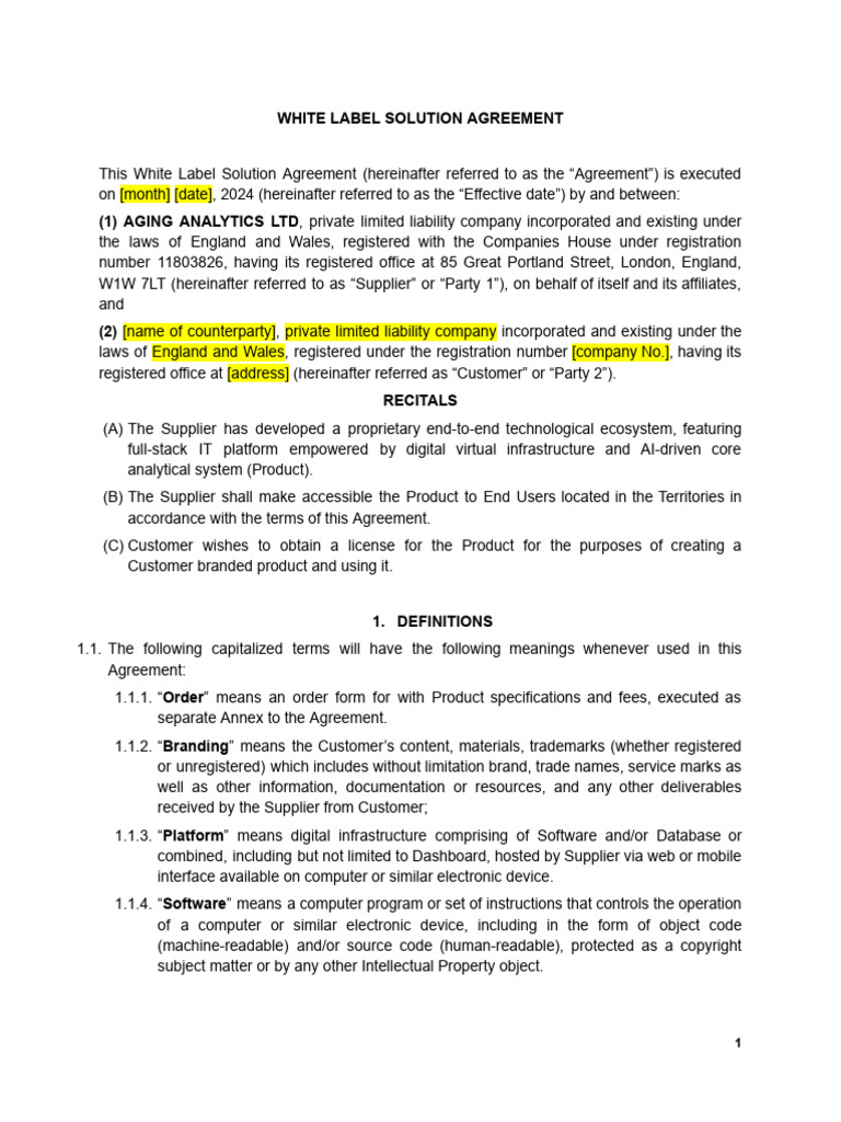 White Label Agreement - Sample1 | PDF | Breach Of Contract | Legal ...