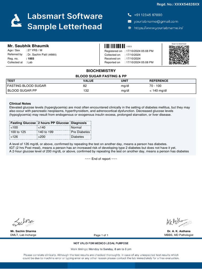 Blood Sugar Test Report Summary | PDF