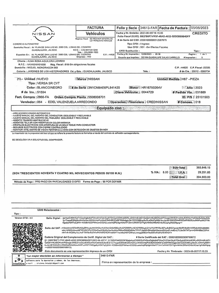 Factura Nissan Versa 2023 | PDF