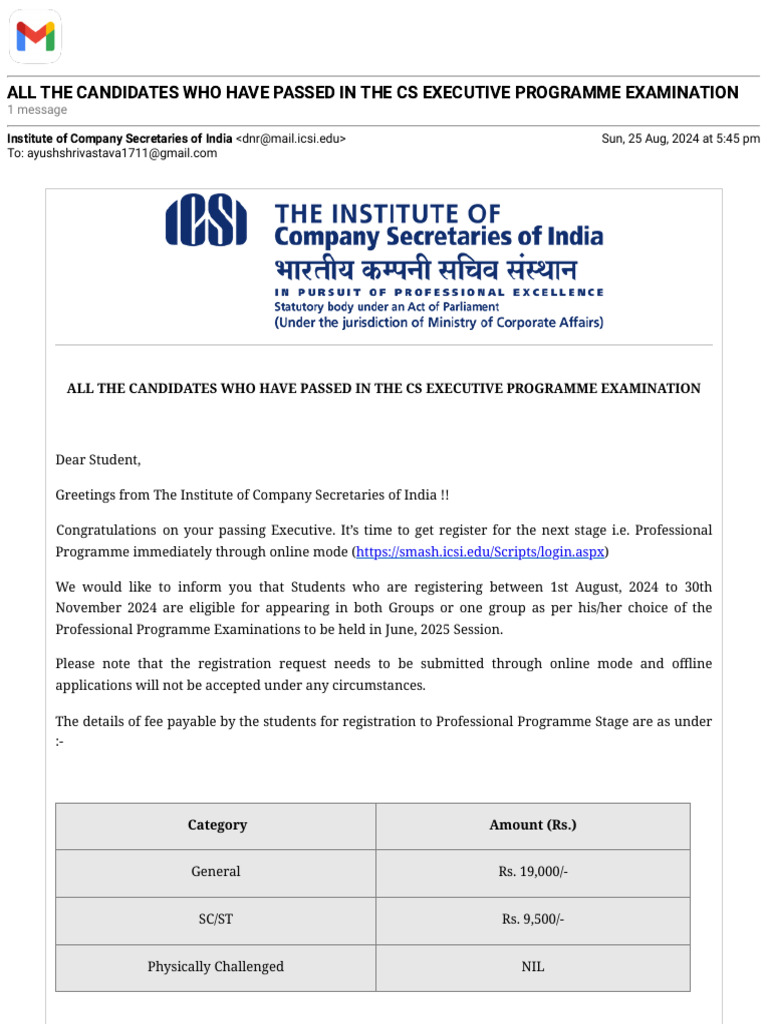 CS Professional Programme Registration Fees | PDF