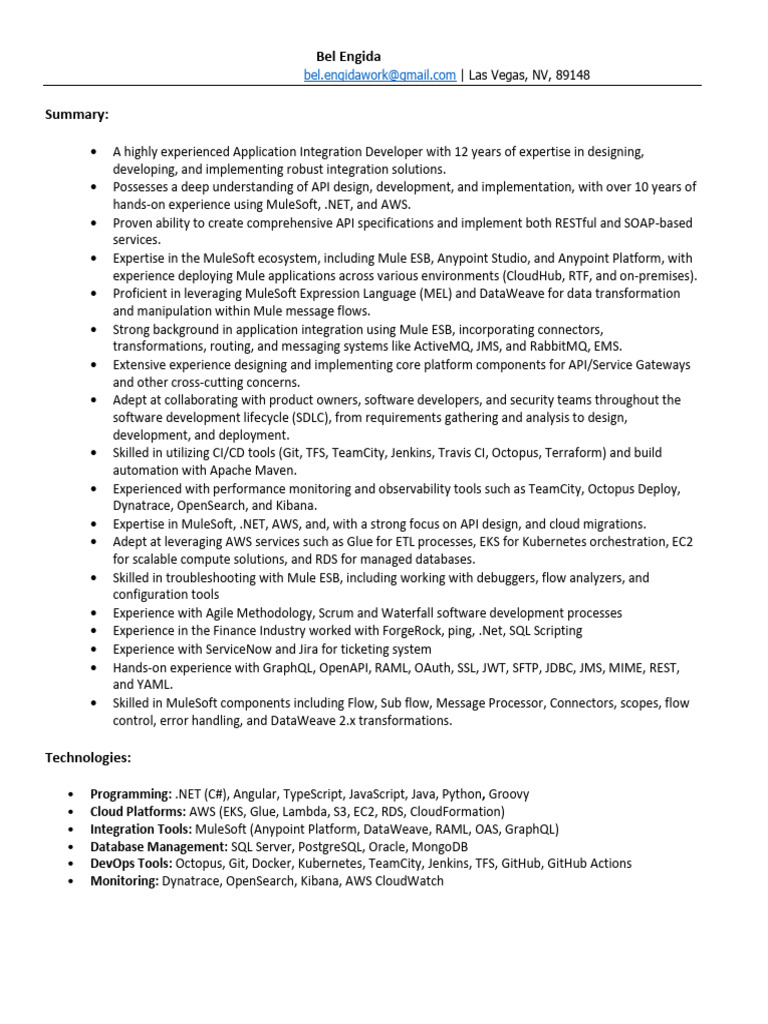 Dice Resume CV Bel Engida Mulesoft | PDF | Amazon Web Services | Xslt