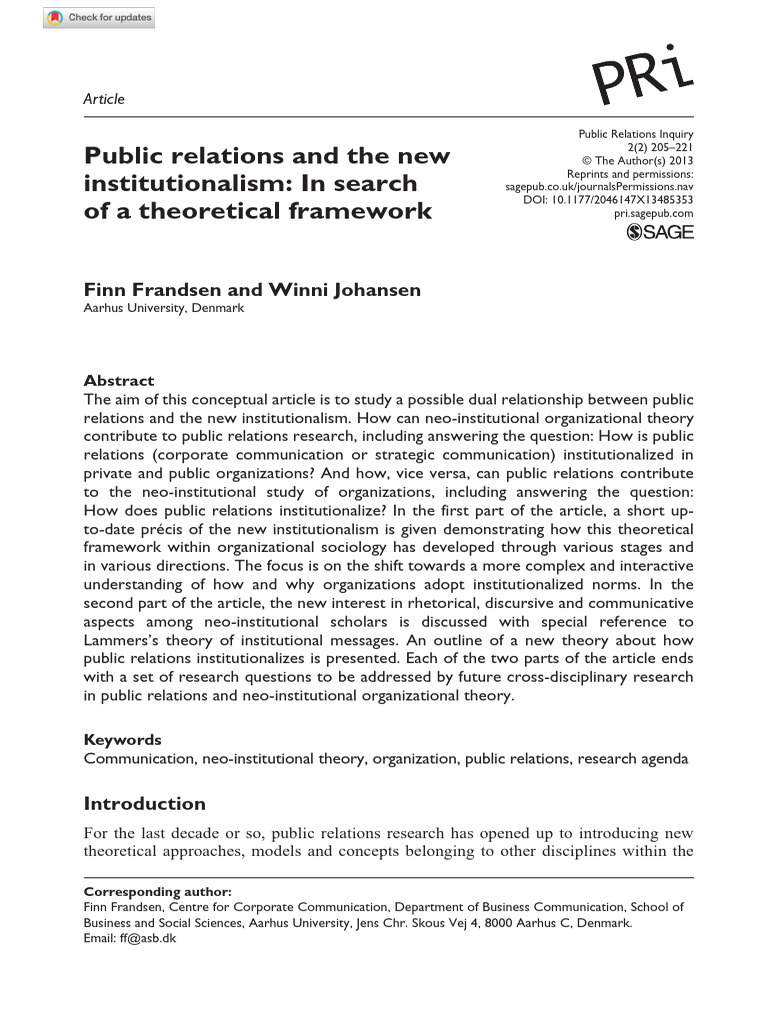 Public relations and the new institutionalism: In search of a theoretical framework | PDF ...