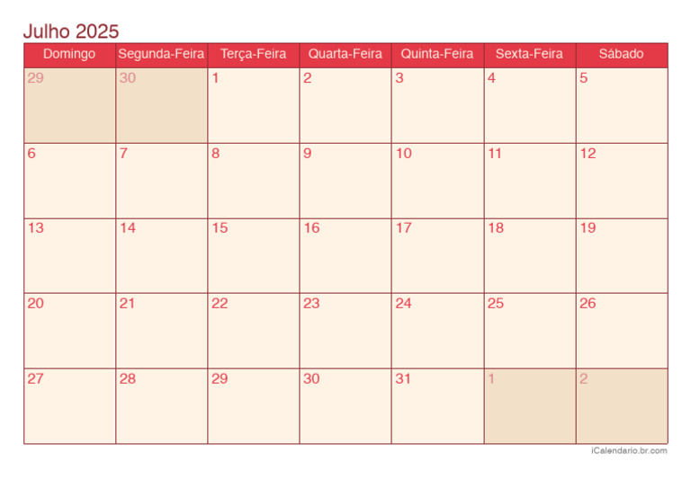 Calendário de Julho de 2025 | PDF