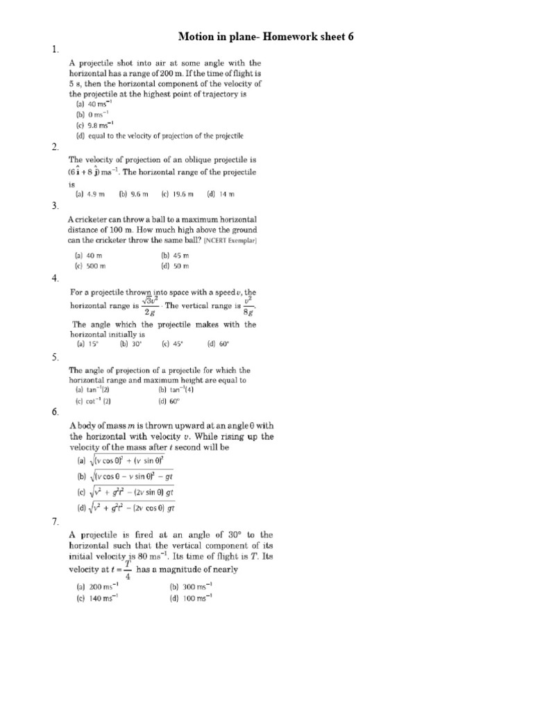 Motion in Plane HW Sheet 6 | PDF