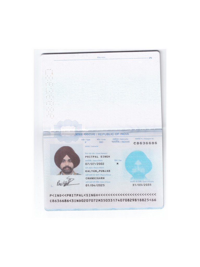 Pritpal Singh Passport First & Last Page | PDF