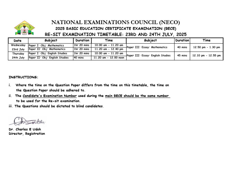 2025 Bece Resit Timetable-1 | PDF