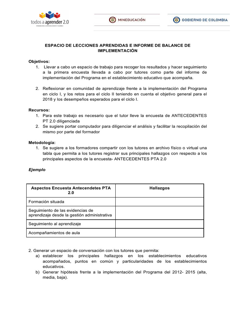 Espacio de Lecciones Aprendidas e Informe de Balance de Implementaci+Ôn | PDF | Maestros | Enseñando