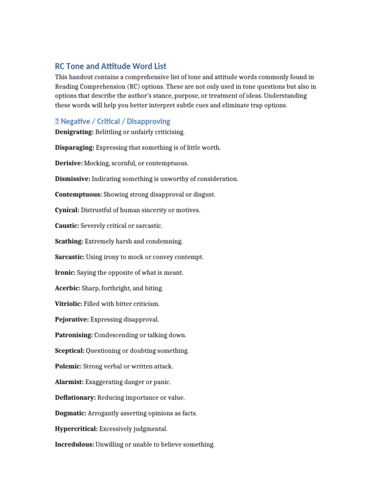 RC Tone and Attitude Words Handout | PDF | Psychology