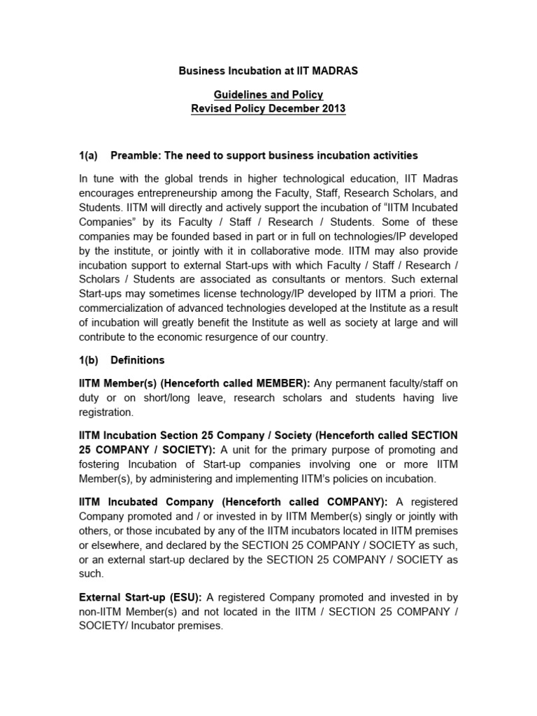 IITM Incubation Policy Revised Dec2013 | PDF | Interest | Startup Company