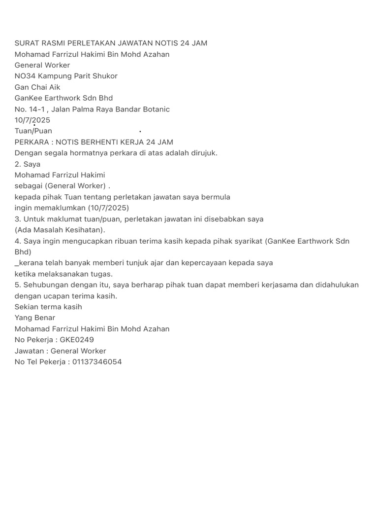 Surat Rasmi Perletakan Jawatan Notis 24 Jam | PDF
