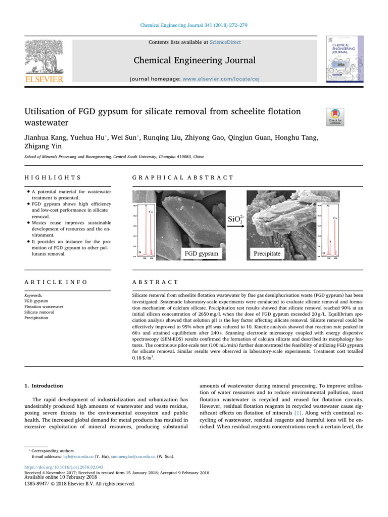 Utilisation of FGD Gypsum For Silicate Removal From Scheelite Flotation ...