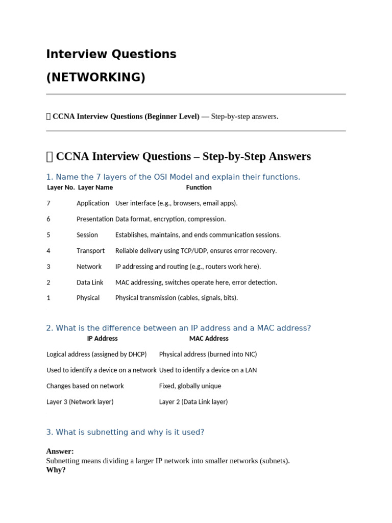 Interview Questions (NETWORKING) - 1 | PDF | Computer Network | Ip Address