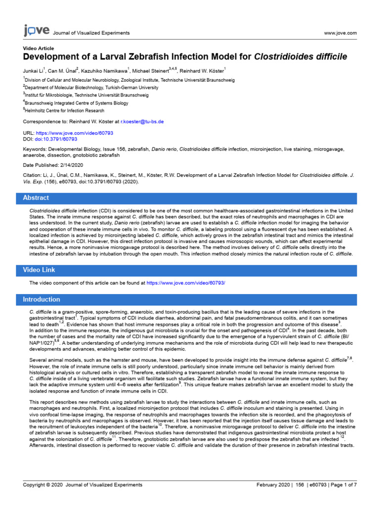 Jove Protocol 60793 Development of A Larval Zebrafish Infection Model ...