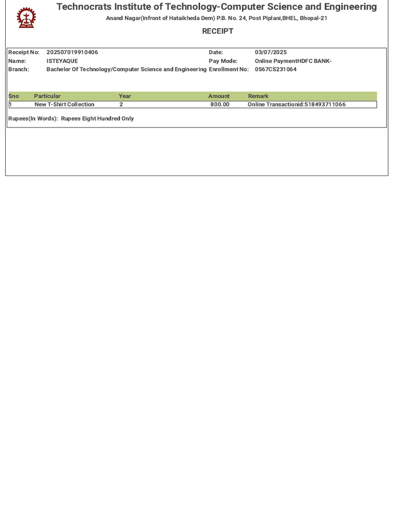 Technocrats Institute Receipt for T-Shirt | PDF