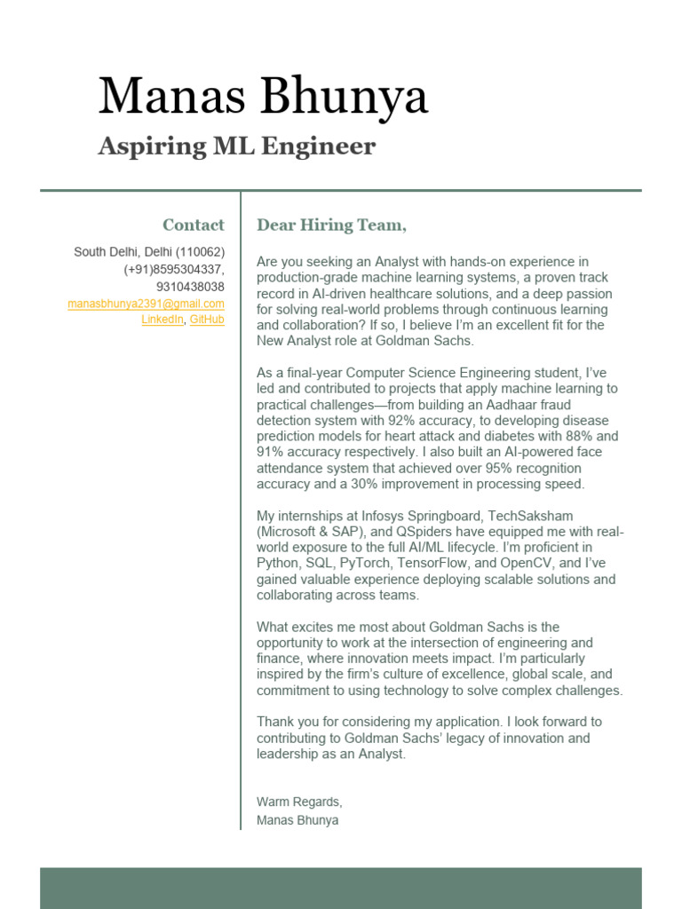 Manas Bhunya Goldman Cover Letter | PDF | Machine Learning | Learning